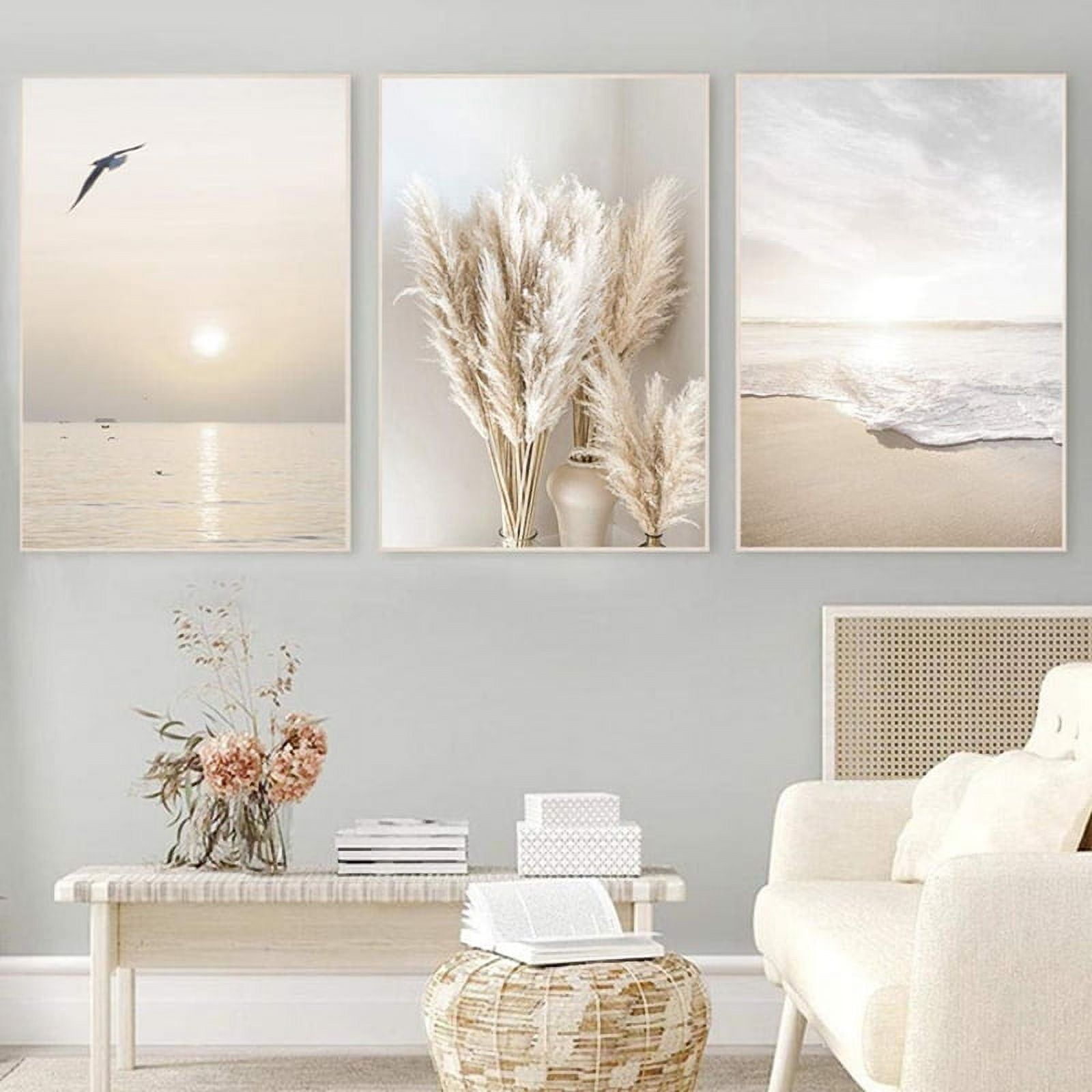 3Pcs Beige Grass Sunset Beach Palm Tree Canvas Painting Nordic Posters ...