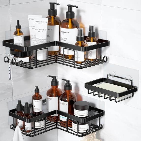 3Pcs Black Adhesive Corner Shower Basket Set, Rustproof No Drill Wall ...