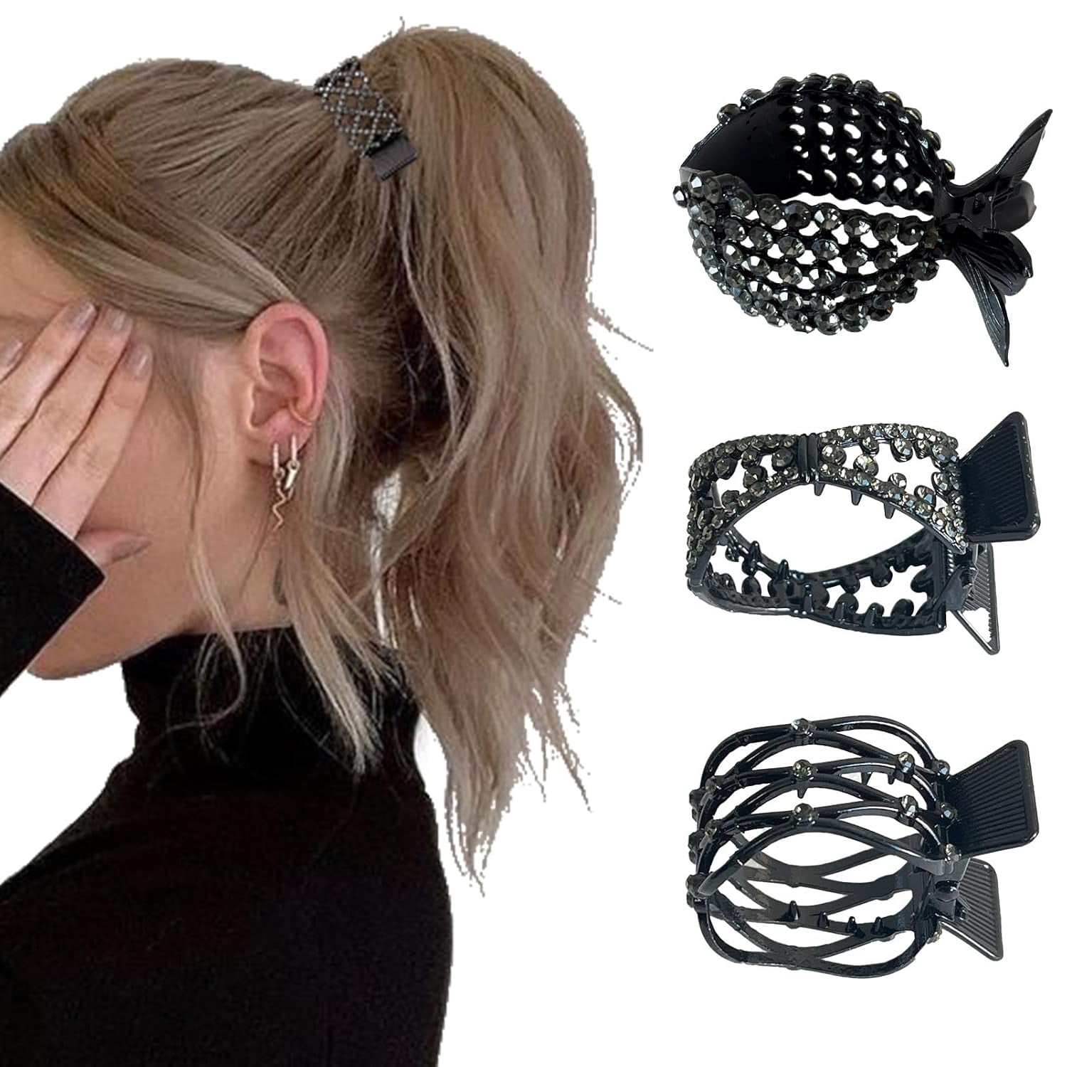 3Pcs Black Hair Claw Clips - 2 Inch Rhinestone-Embellished Small Metal ...