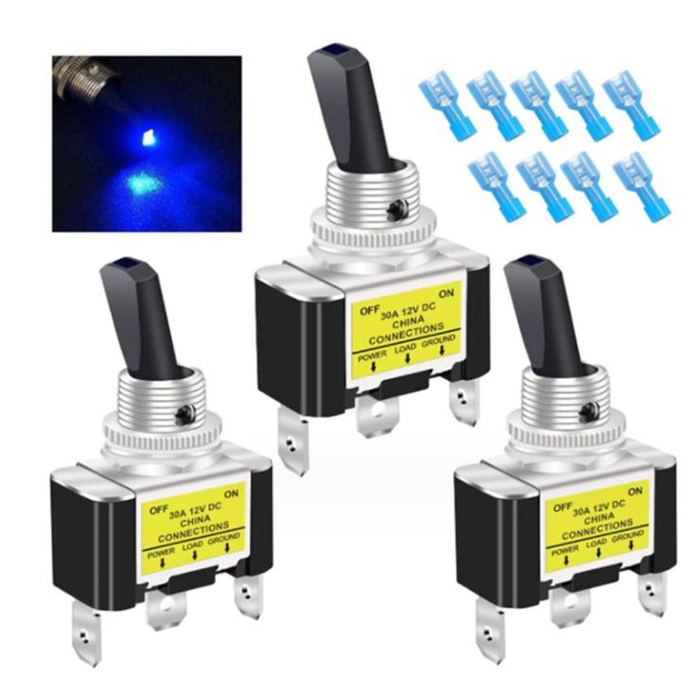 3PCS Blue LED 12V 30A Car Boat ON/OFF Round Waterproof Rocker Toggle ...