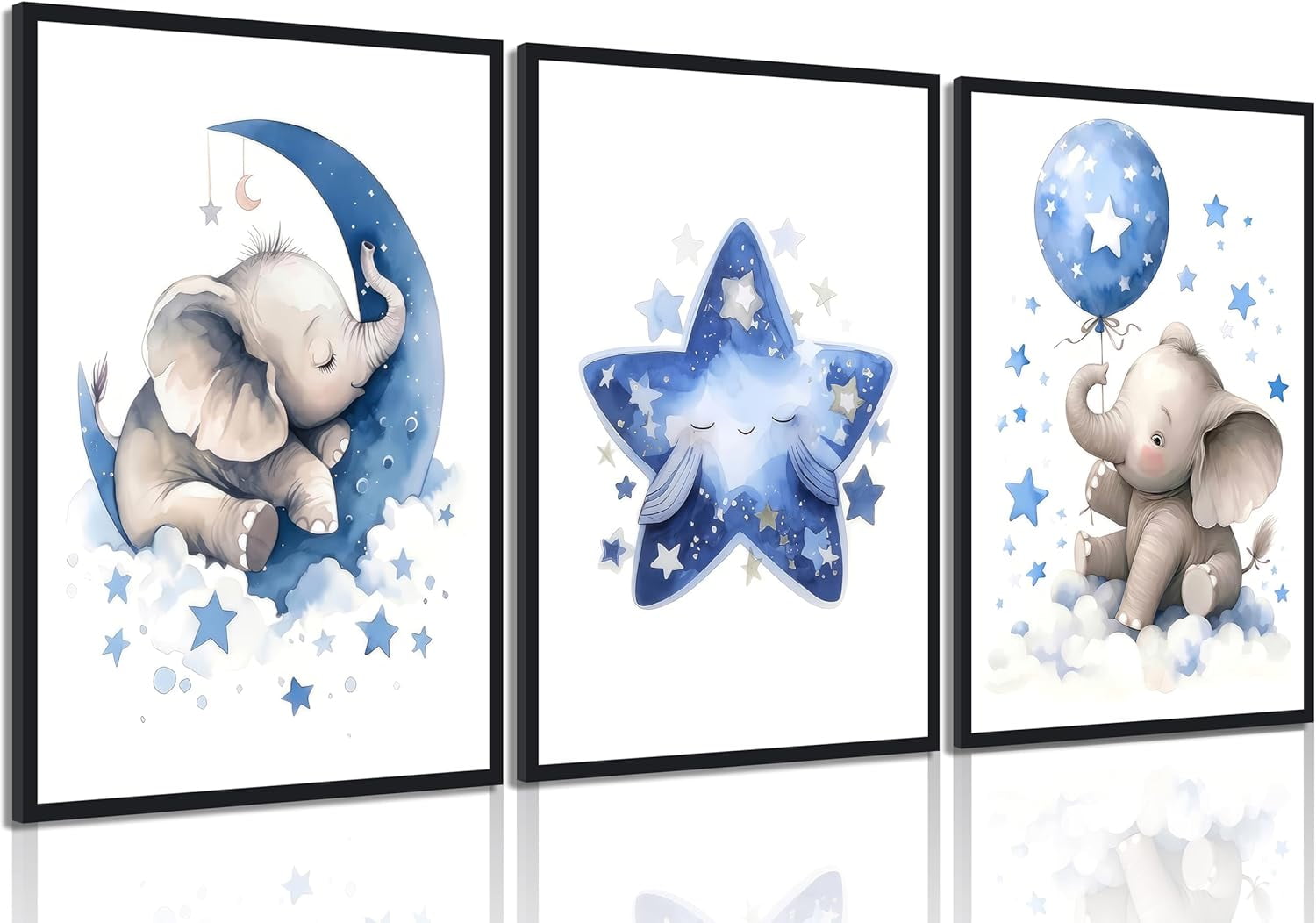 3Pcs Blue Nursery Elephant Canvas Wall Art Baby Boy Wall Decor Cute ...