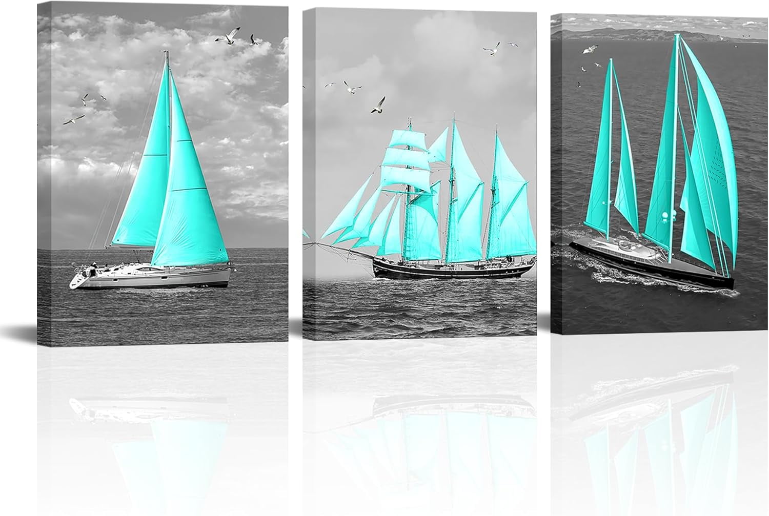 3Pcs Blue Sailboat Canvas Wall Art, Black and White Ocean Sailboat ...