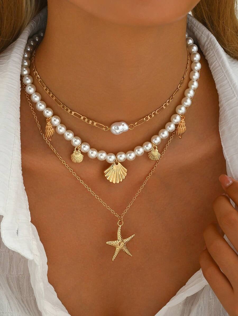 3Pcs Bohemian Starfish & Shell Layered Necklace, Gold & White for Women ...