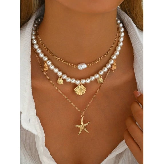 3Pcs Bohemian Starfish & Shell Layered Necklace, Gold & White for Women ...