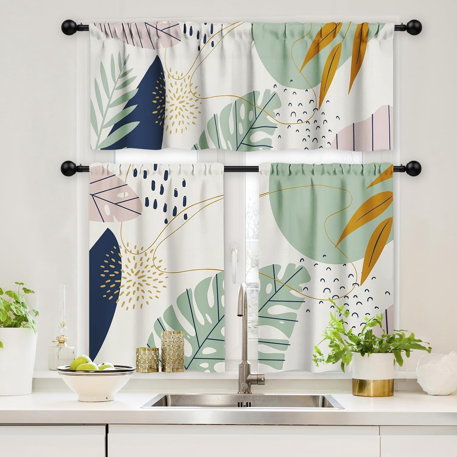 3Pcs Boho Leaf Kitchen Curtains and Valances,Boho Tropical Plants ...
