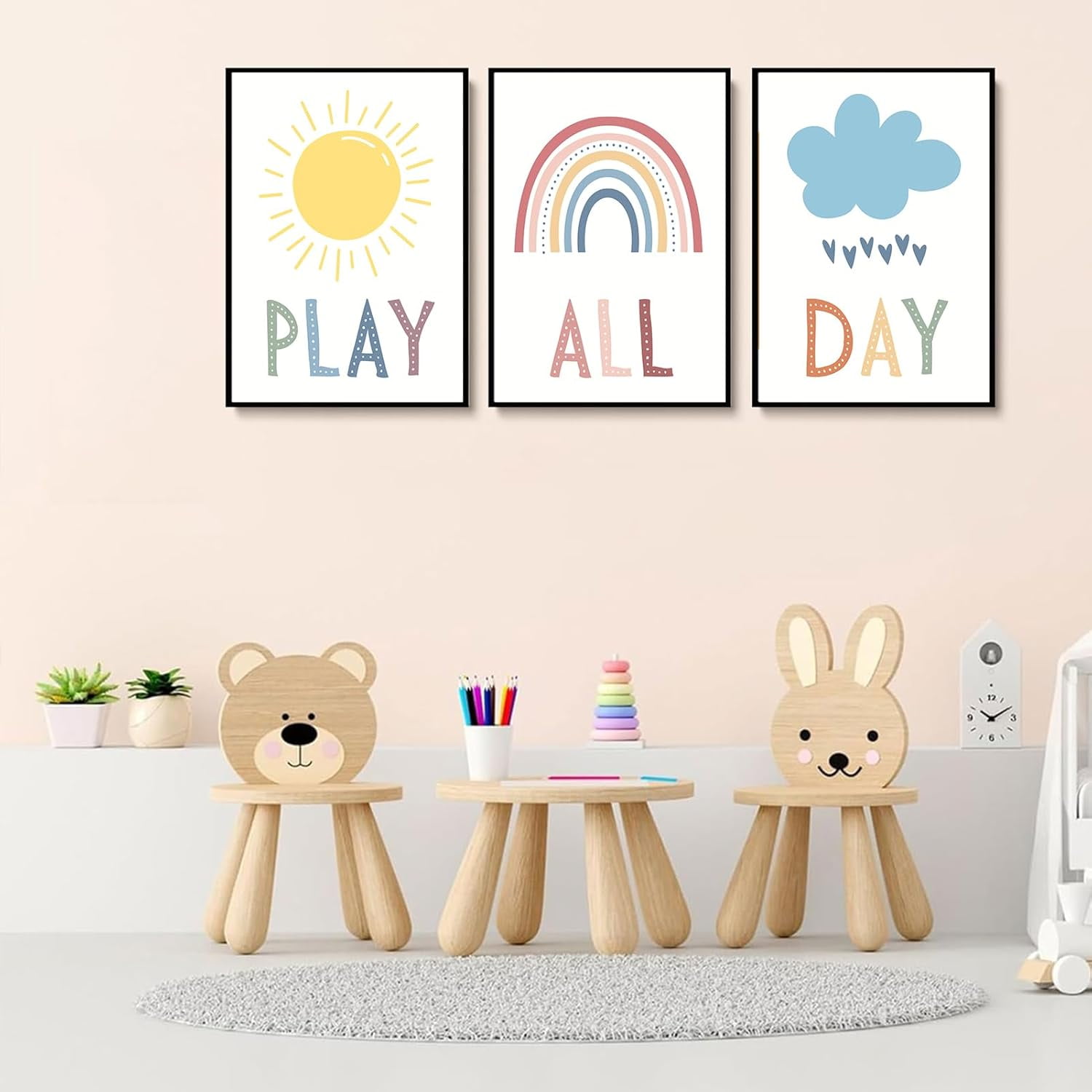 3Pcs Boho Nursery Canvas Wall Art Play All Day Kids Room Wall Decor ...