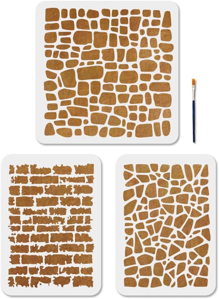 3Pcs Brick Stencils 11.8×11.8/11.7×8.3inch Speckled Wall Stencils with Paint Brush Reusable ...