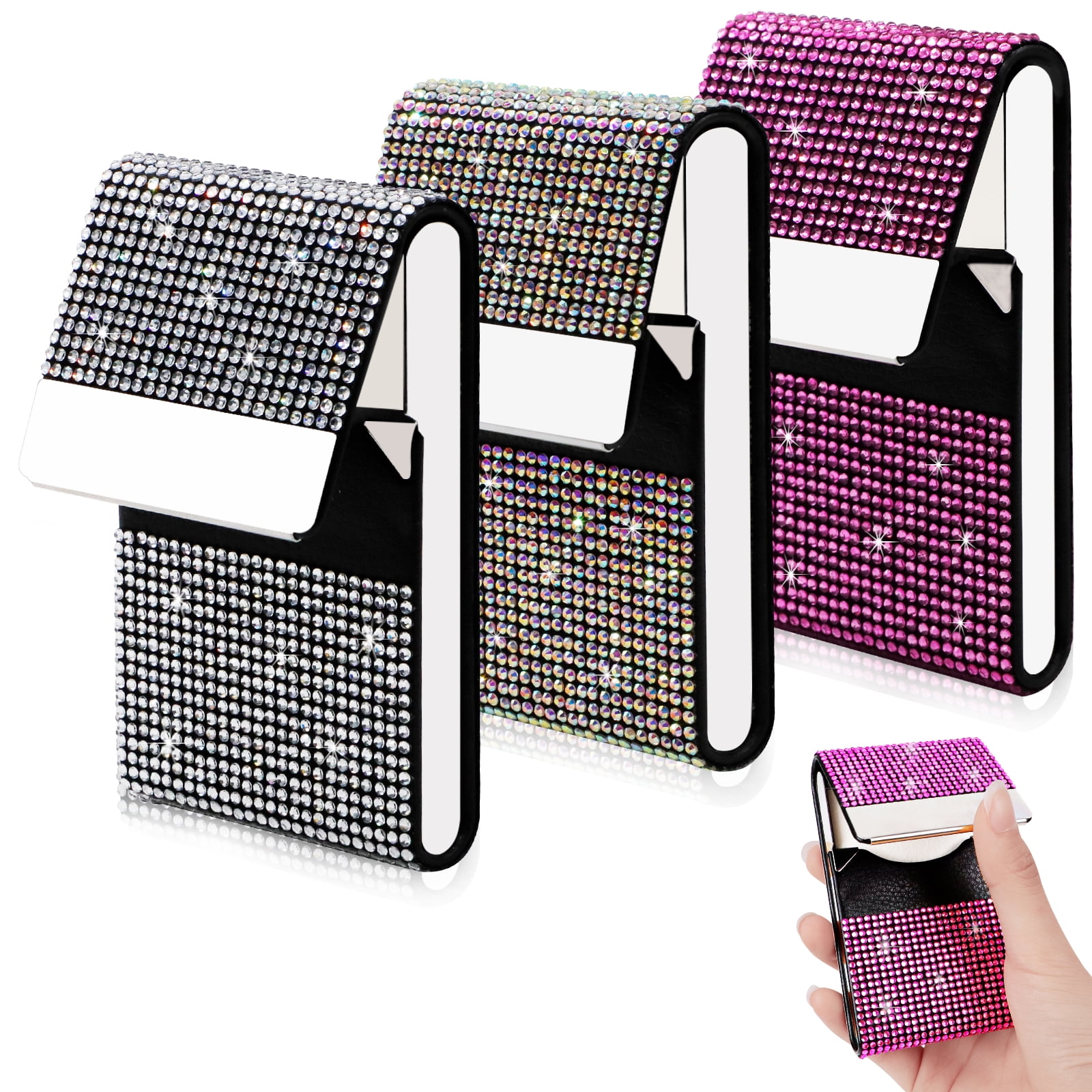 3Pcs Business Card Holder, Business Card Case with Bling Rhinestones ...