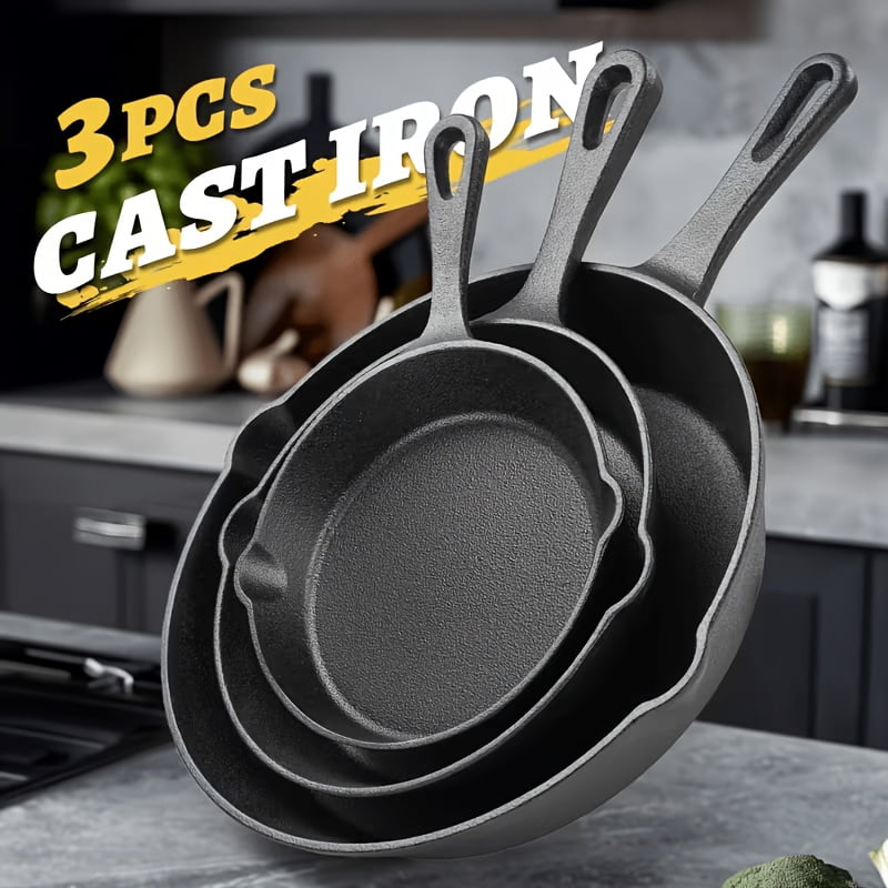 3Pcs Cast Iron Skillet Set, Non Stick Cooking Pans with Drip Spout ...
