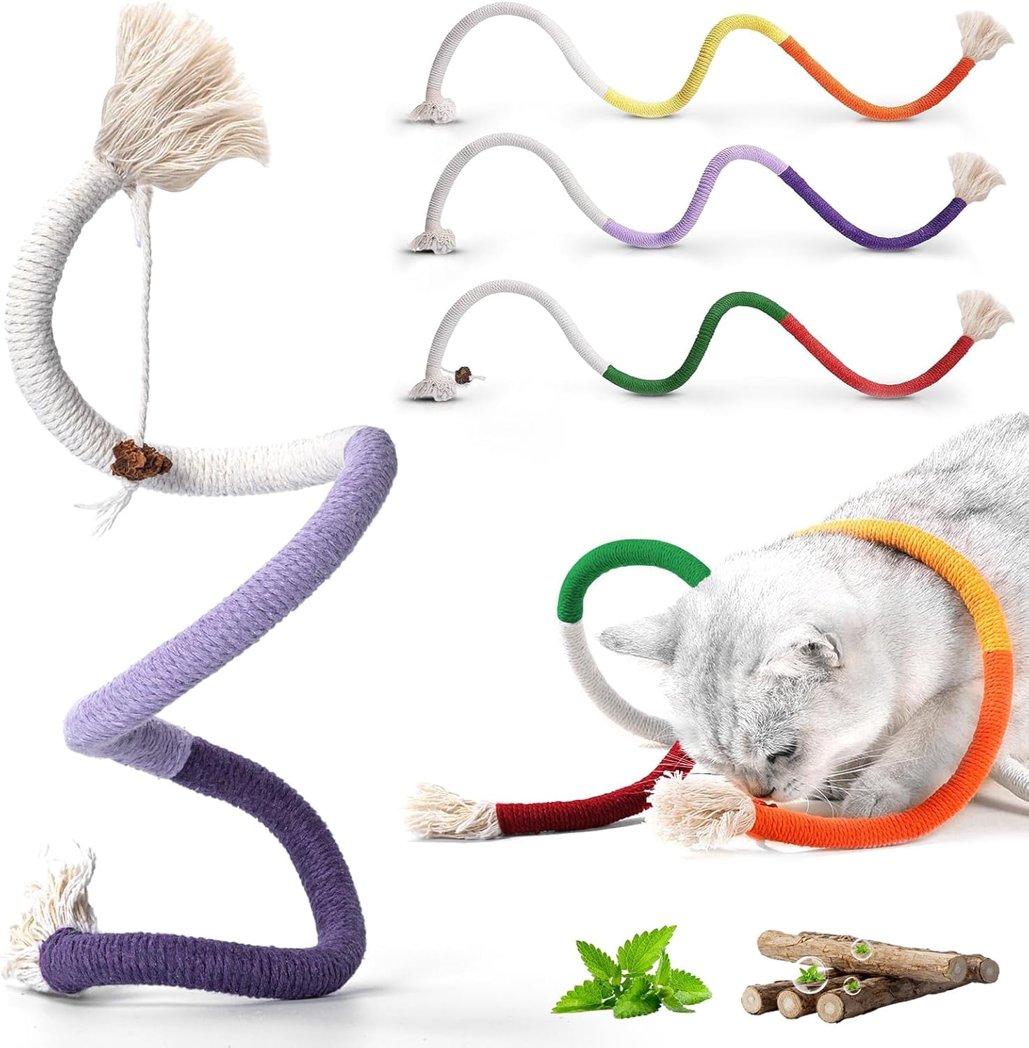3Pcs Cat Toys Chew Ropes with Refillable Natural Catnip, Safe Teeth ...