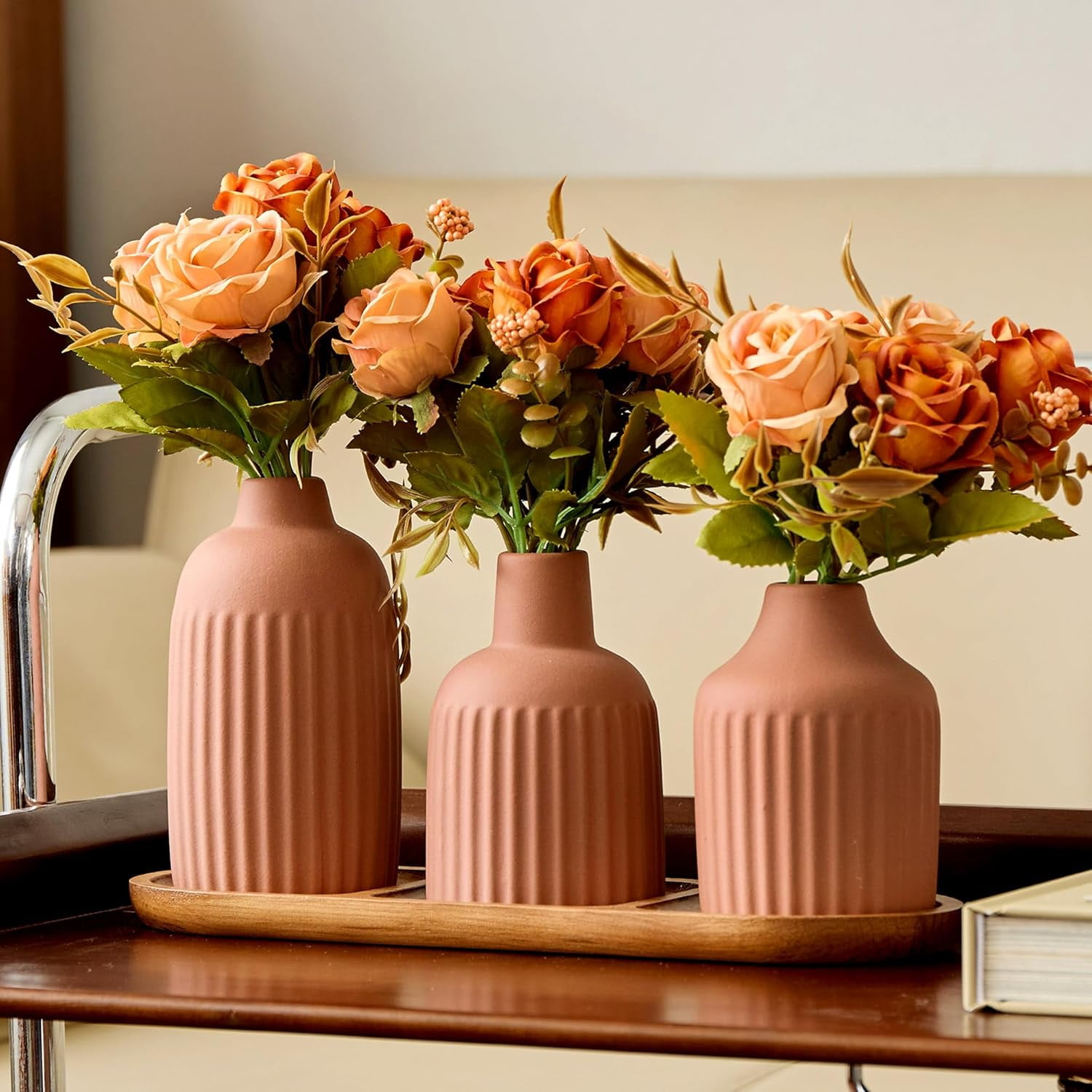 3Pcs Ceramics Jars with Fake Flowers and Wood Tray Centerpiece Table Decorations, Farmhouse Fall ...