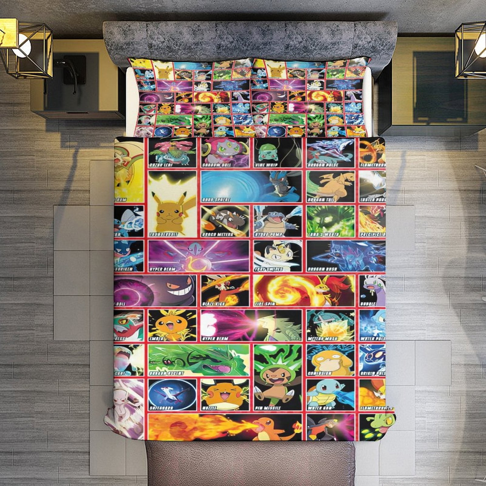 3Pcs Character Grid - The Moves Pokemon Duvet Cover with 2 Pillowcases ...
