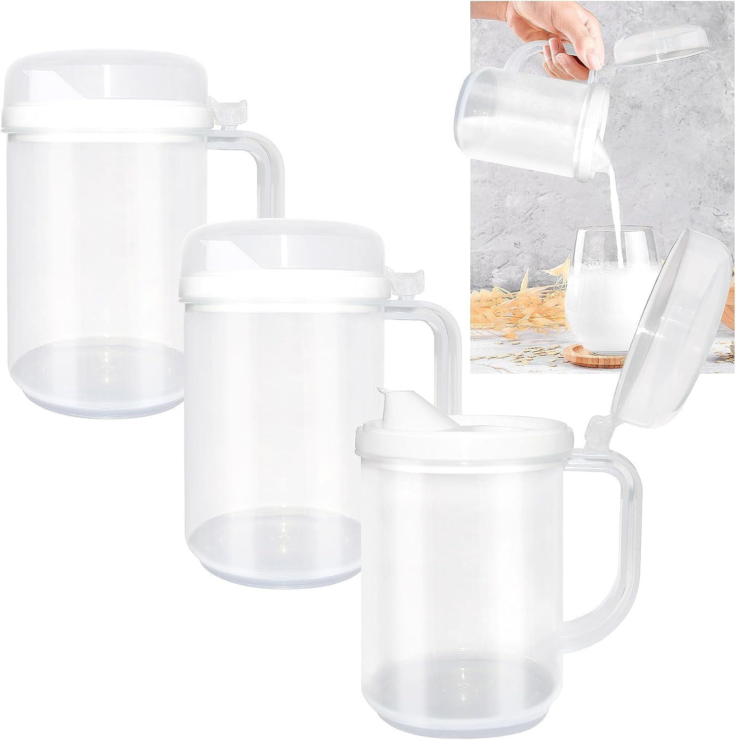 3Pcs Child-Safe Easy Pour Mini Pitchers - 22 Oz Clear Plastic with Lid ...