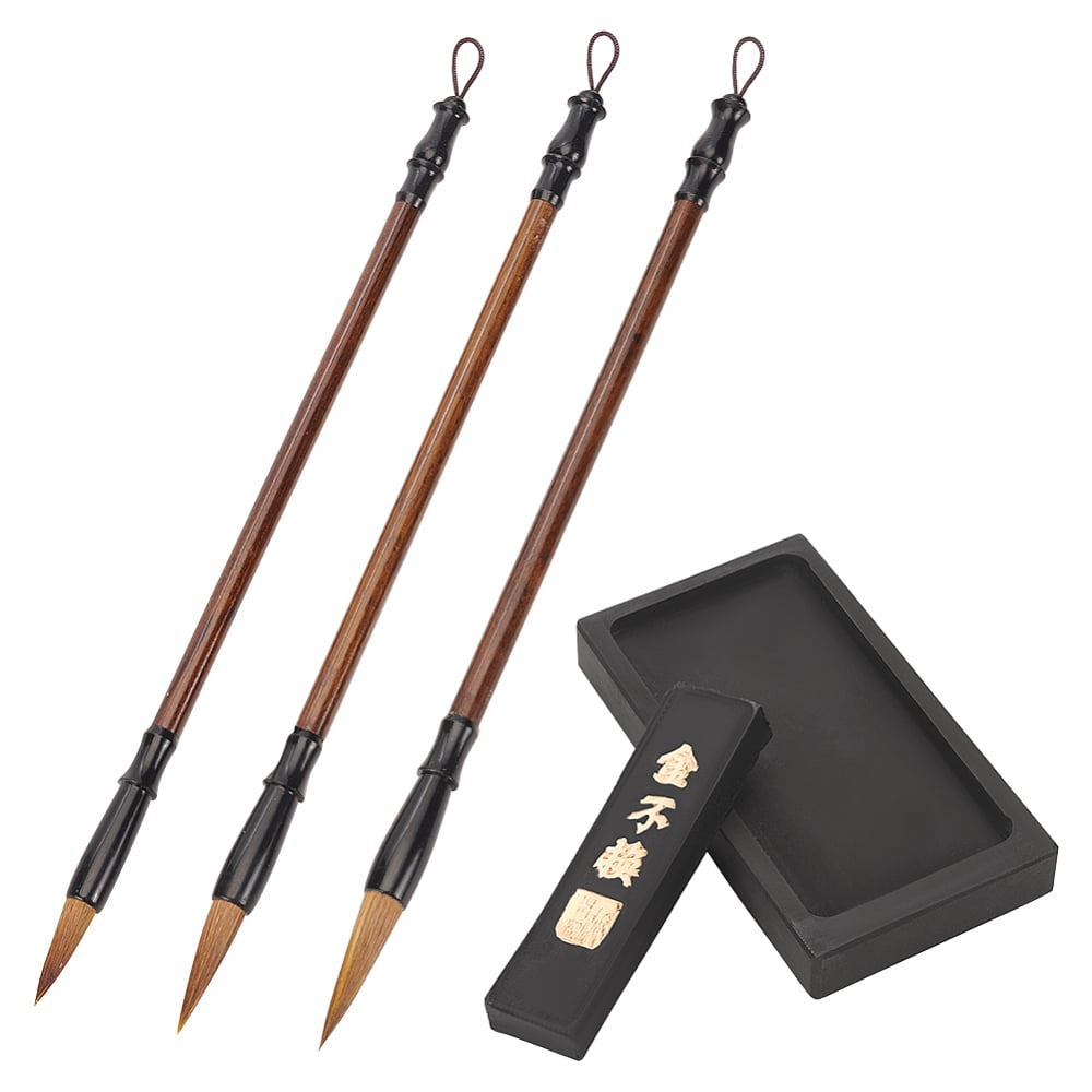 3Pcs Chinese Calligraphy Brushes Pen 1Pc Natural Stone Inkstone 1Pc ...