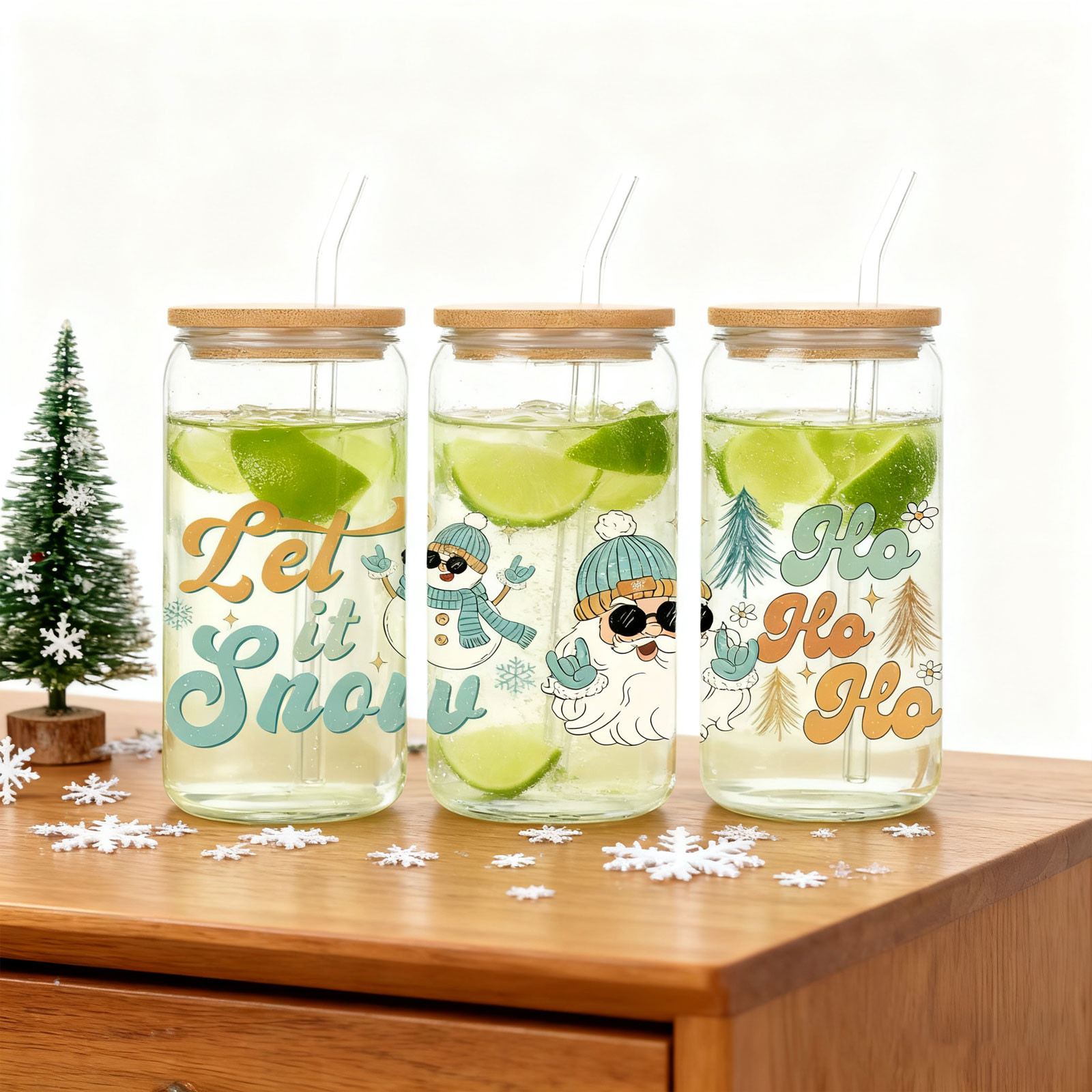 3Pcs Christmas Cups,16oz Christmas Iced Coffee Glass Cups with Lids and ...
