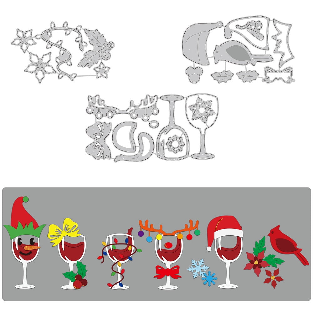 3Pcs Christmas Cutting Dies Stencils Wine Glass Holly Leaf Bird ...