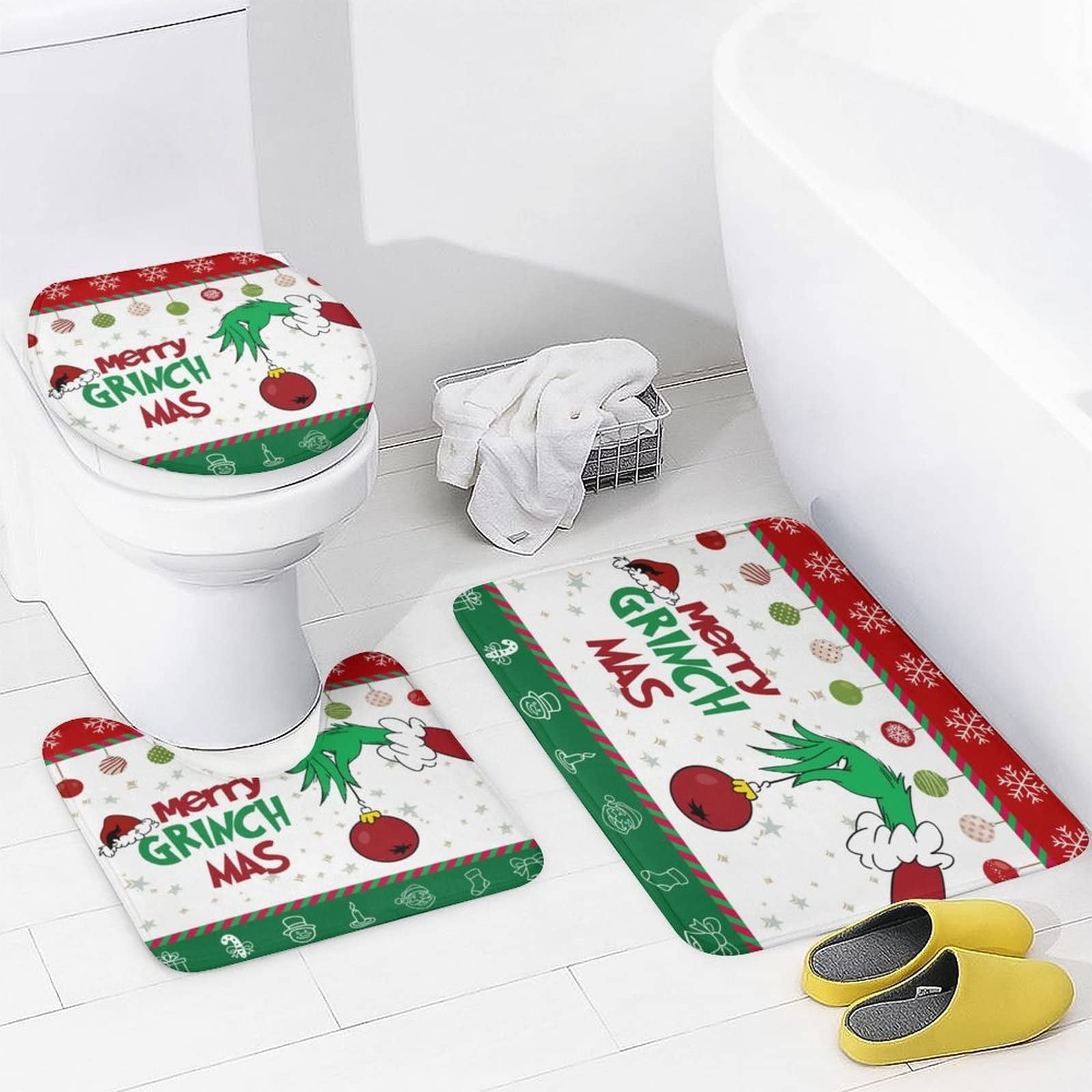 3Pcs Christmas Funny Grinch Bath Mat Rug Set, Includes U-Shaped Contour ...