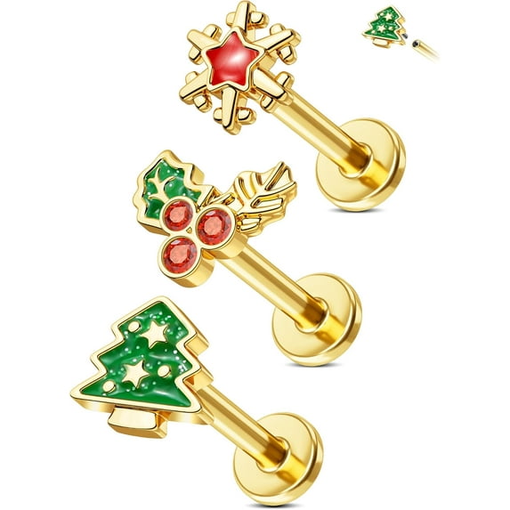 3Pcs Christmas Lip Rings,Internally Threaded Lip Piercing Jewelry,Gold ...