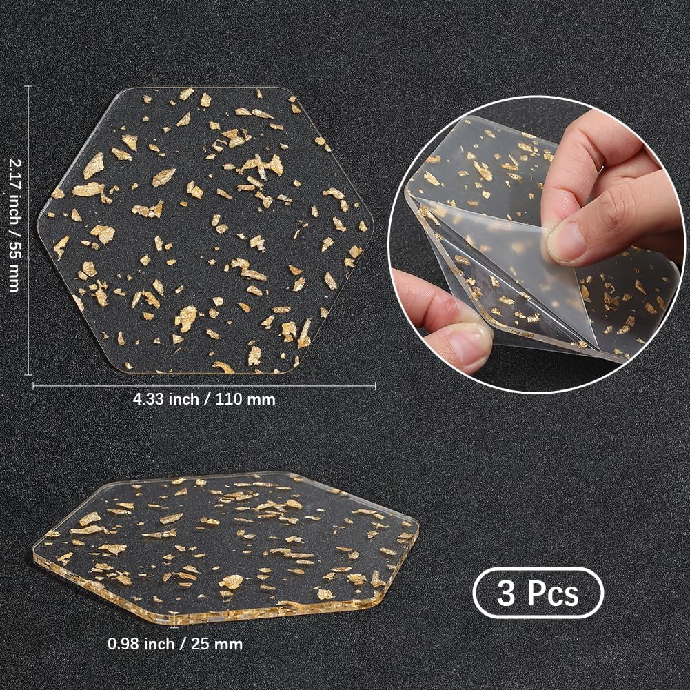 3Pcs Clear Acrylic Hexagon Cup Mats with Gold Foil 110mm for Table ...