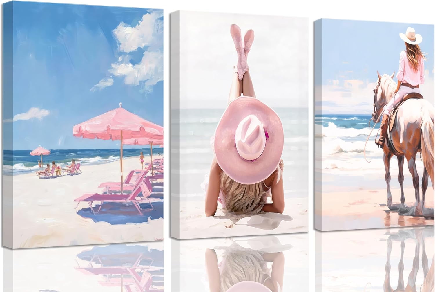 3Pcs Coastal Cowgirl Wall Art Trendy Preppy Wall Decor Western Girls Beach Prints Pink Boots ...