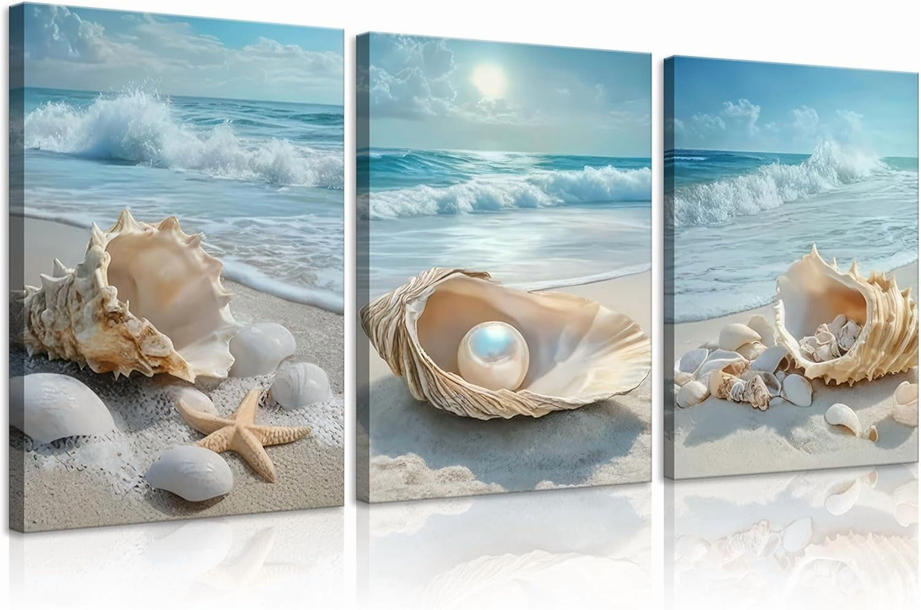 3Pcs Coastal Seashell Conch Canvas Wall Art Summer Beach Waves Pictures ...