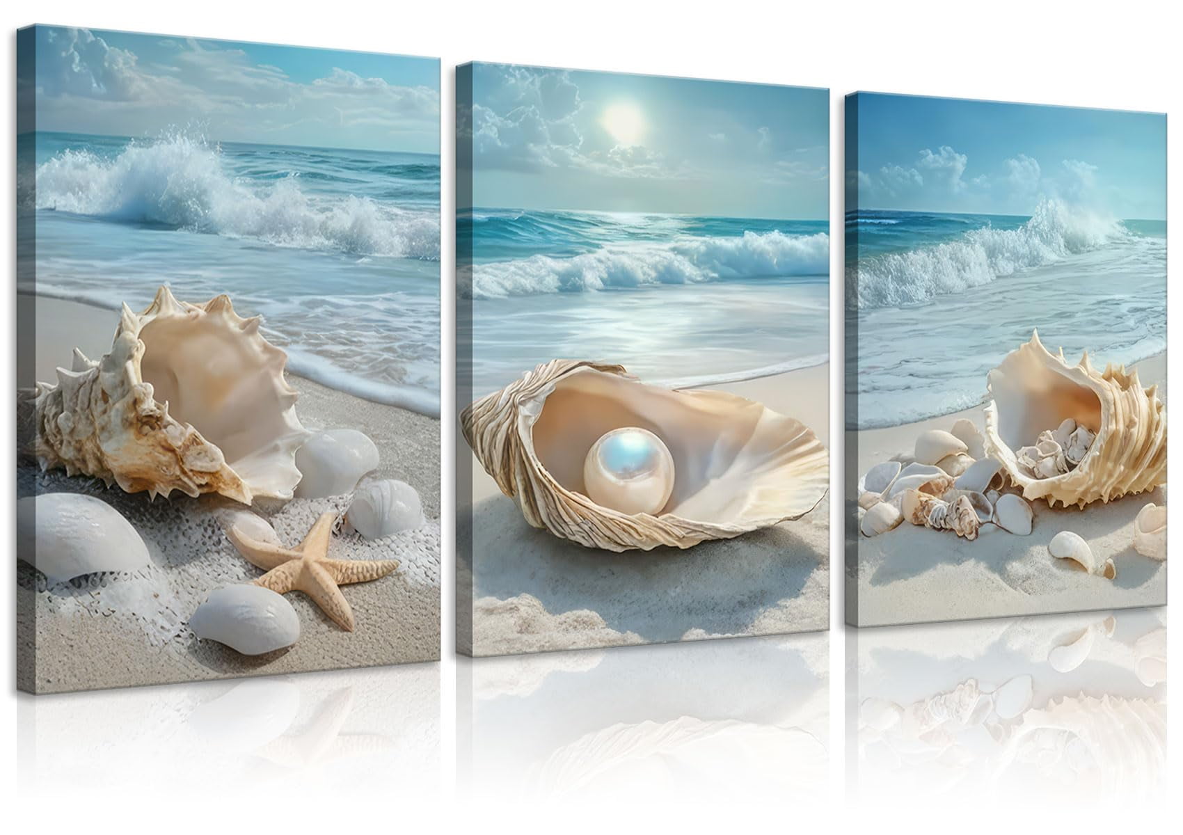 3Pcs Coastal Seashell Conch Canvas Wall Art Summer Waves Pictures Wall ...