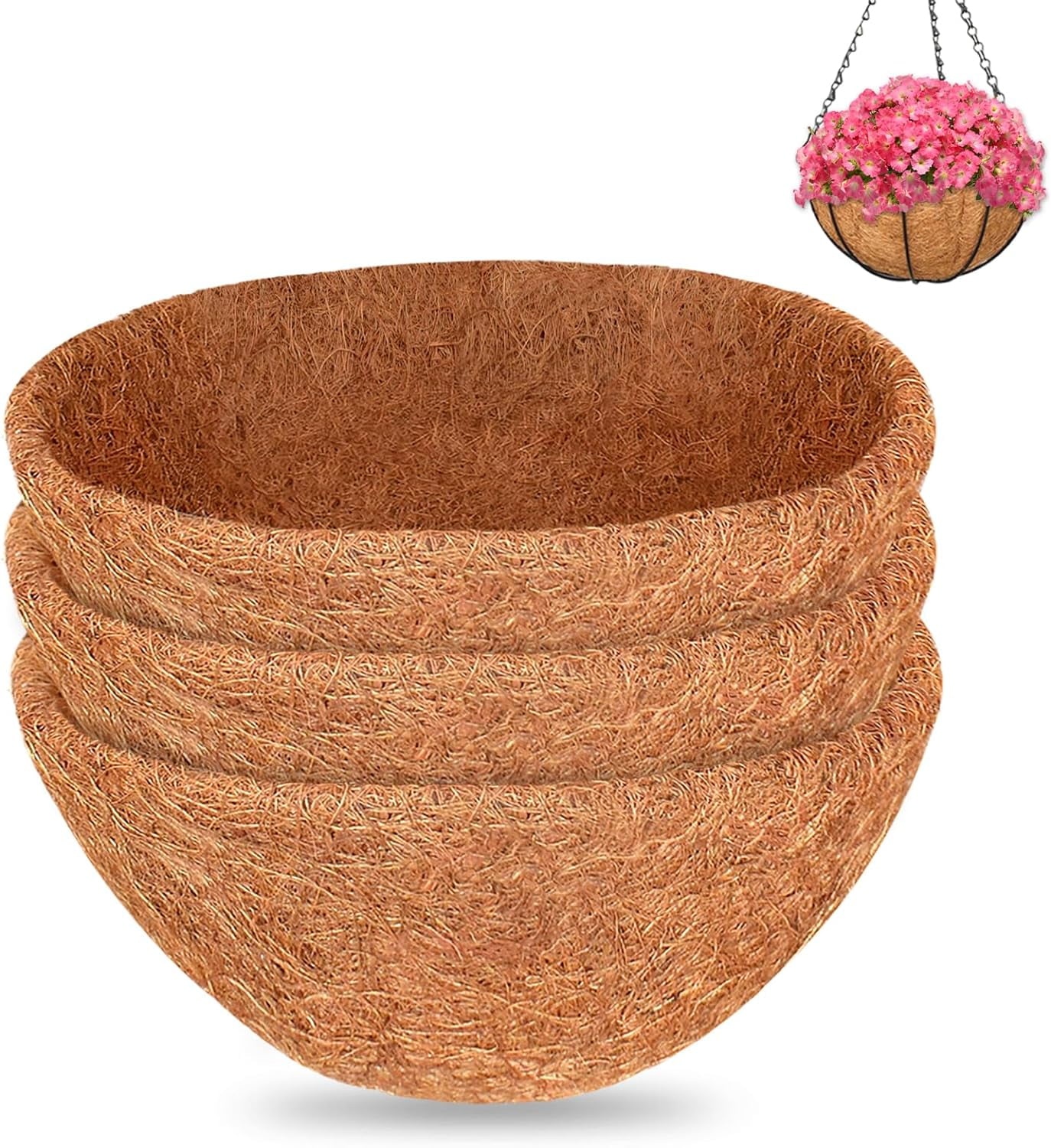 3Pcs Coconut Liners Round Coco Coir Hanging Basket Liners 100% Natural ...