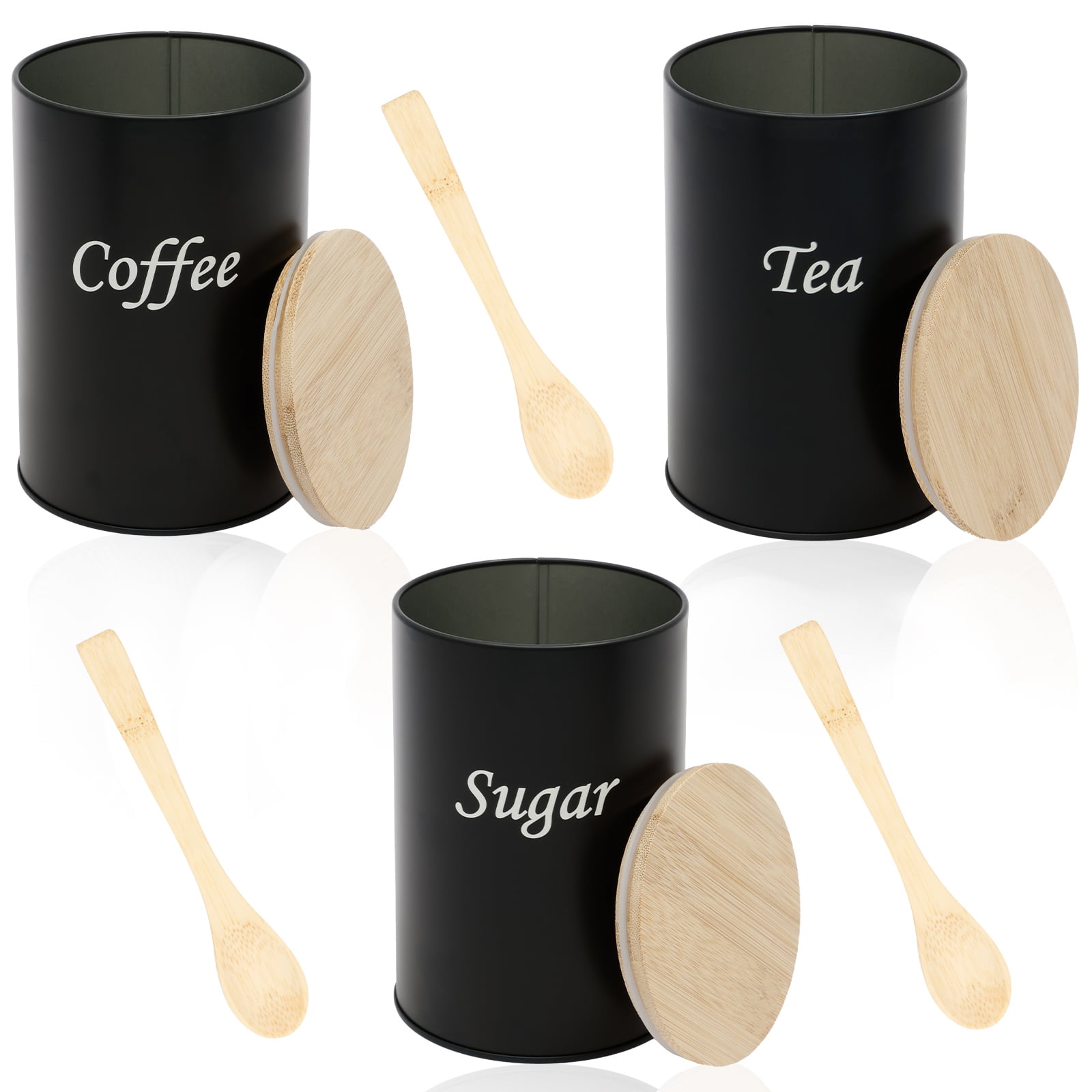 3Pcs Coffee Tea Sugar Container with Bamboo Lids and Spoon Sealed Metal ...