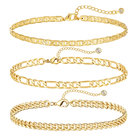 3Pcs Cuban Link Chain Anklets for Women 8.5 Inch Adjustable Waterproof ...