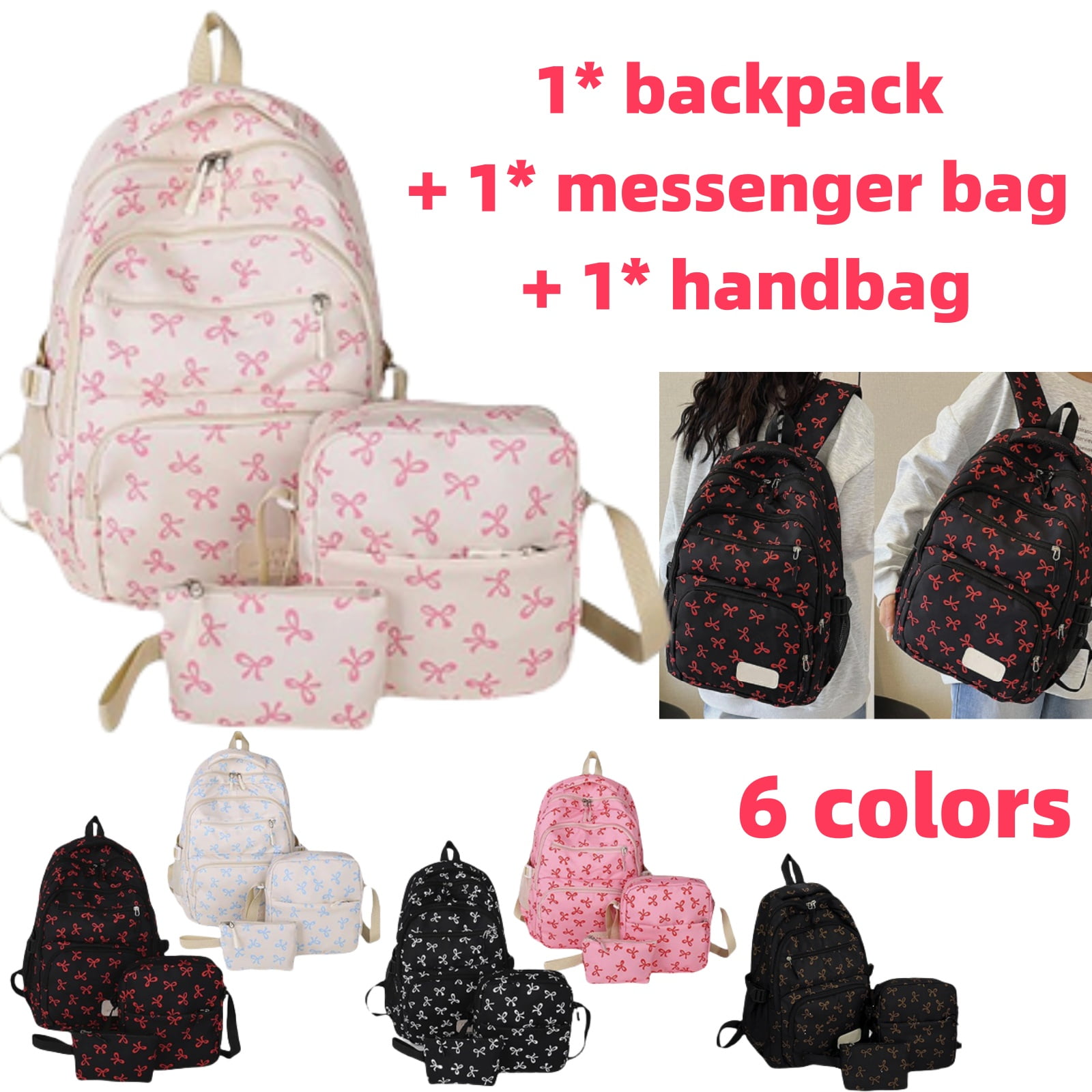 3Pcs Cute Bow Backpack Set for Women, 2025 Trendy Nylon Rucksack ...