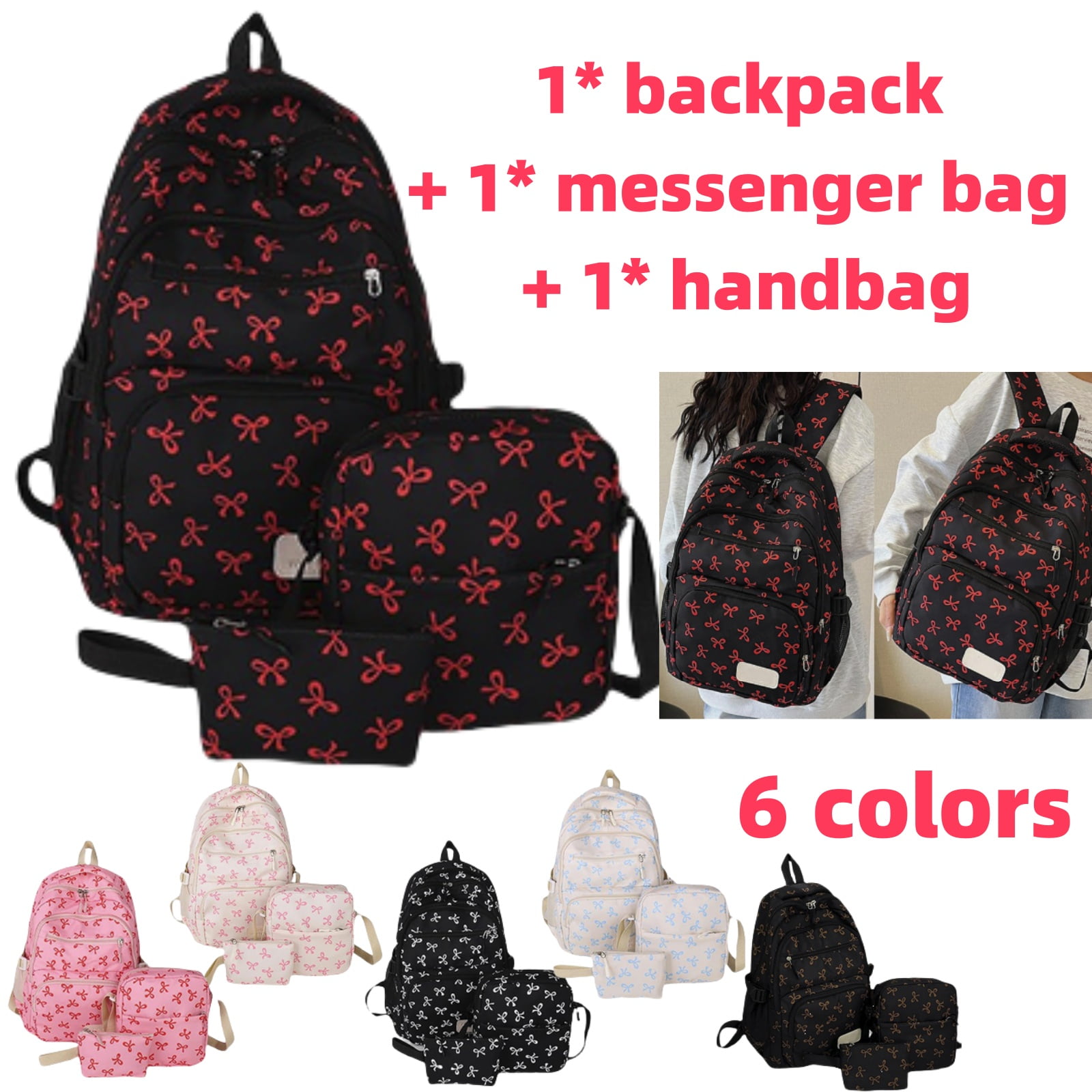 3Pcs Cute Bow Backpack Set for Women, 2025 Trendy Nylon Rucksack ...