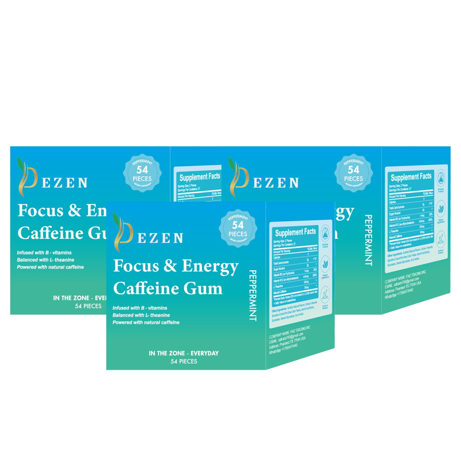 3Pcs DEZEN Focus & Energy Caffeine Mint Gum with L-Theanine + Caffeine ...