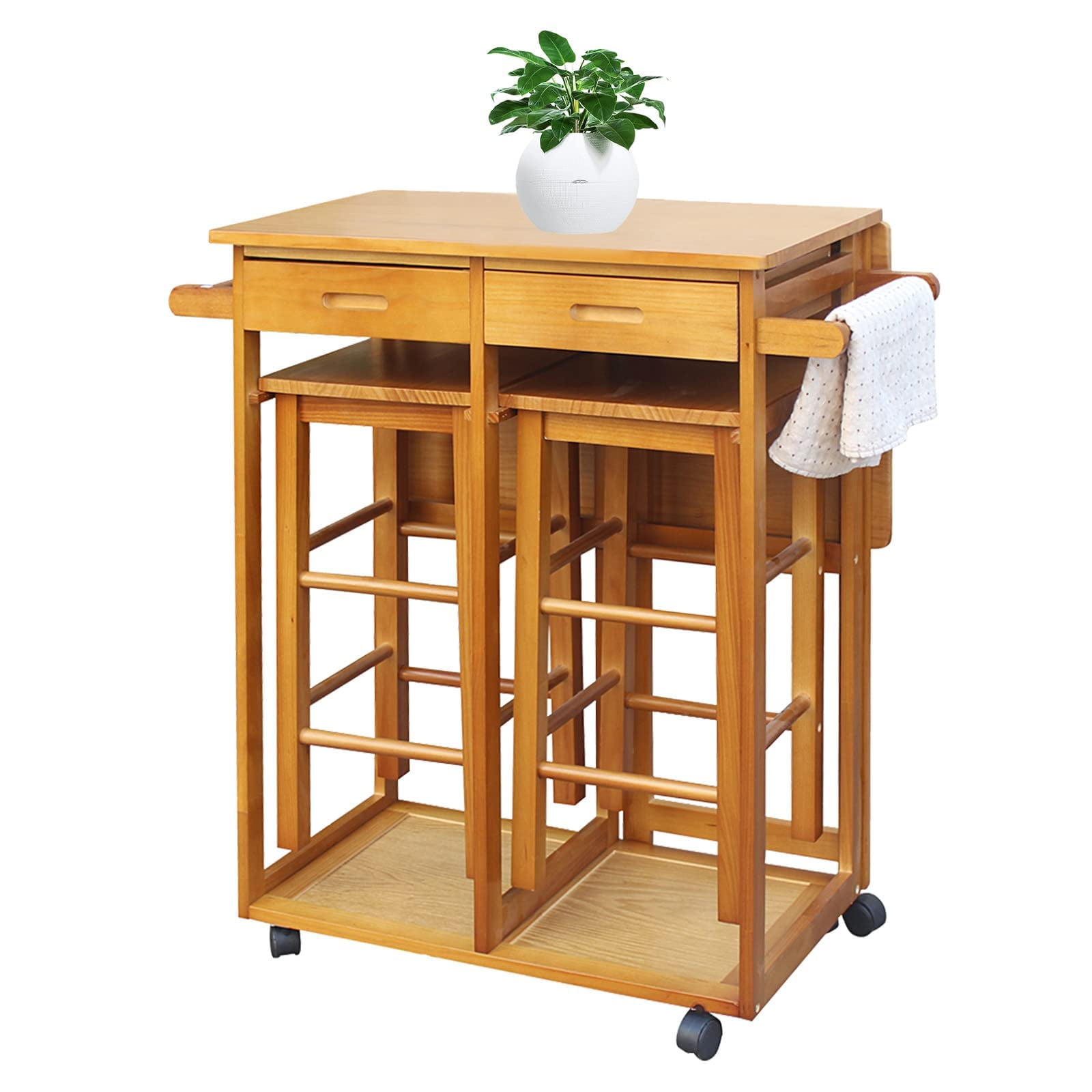 Compact 3Pcs Drop Leaf Table, Rolling Kitchen Tables, Space Saving ...