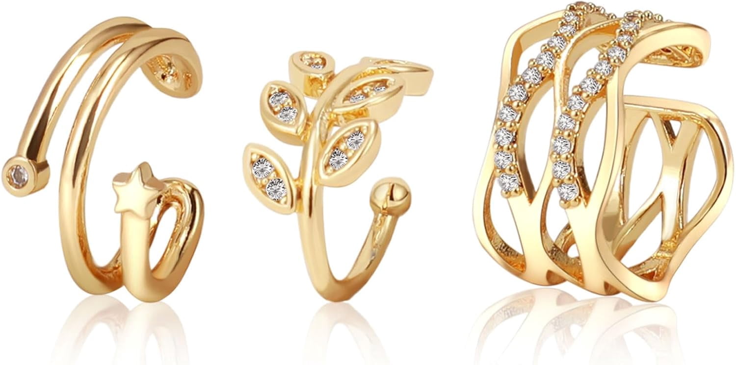 3Pcs Ear Cuff Earrings For Women, 14K Gold Plated Gold Ear Cuffs Non ...