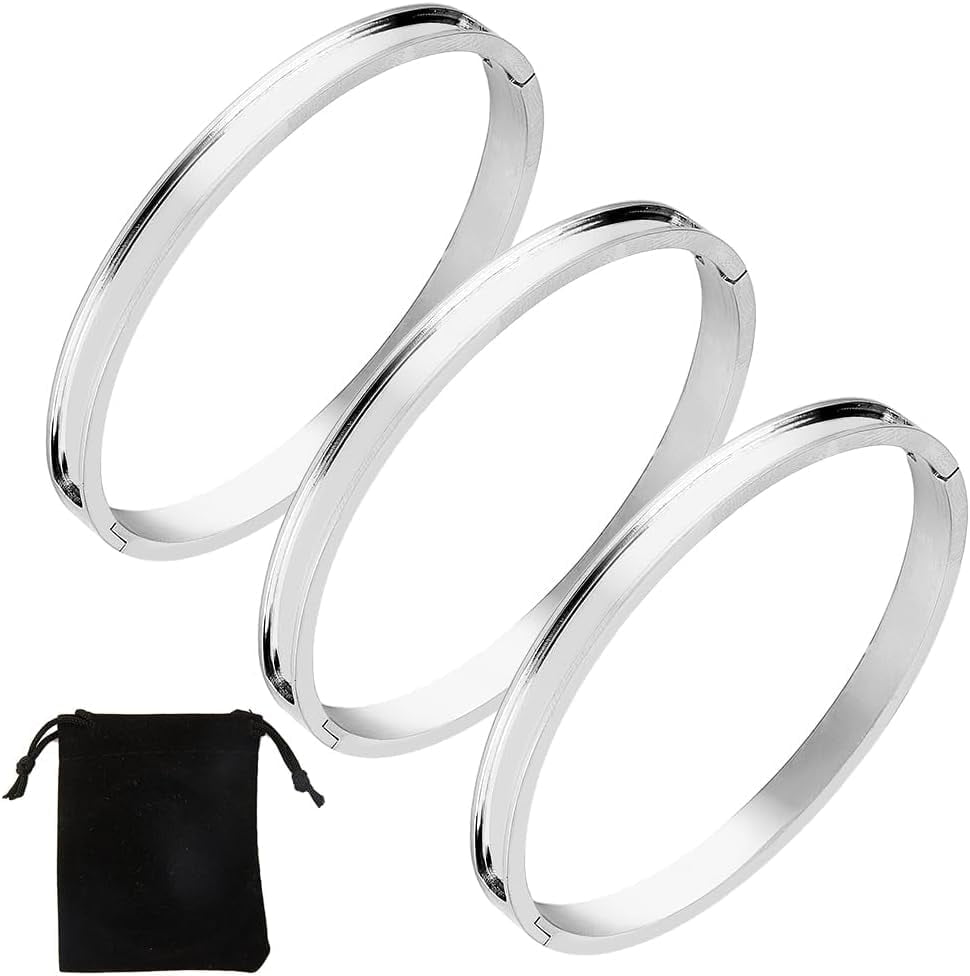 3Pcs Egg Shaped Bangles Stainless Steel Grooved Bangles Blank Bracelet ...
