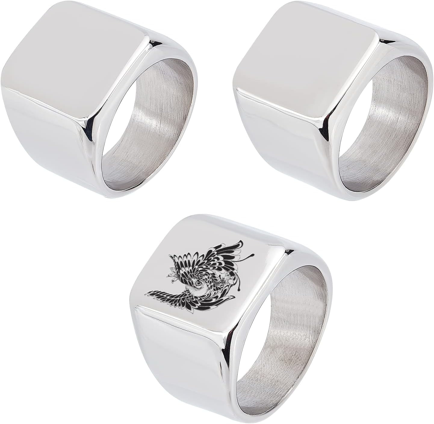 3Pcs Engraved Photo Text Signet Rings 19/20/21mm Stainless Steel ...