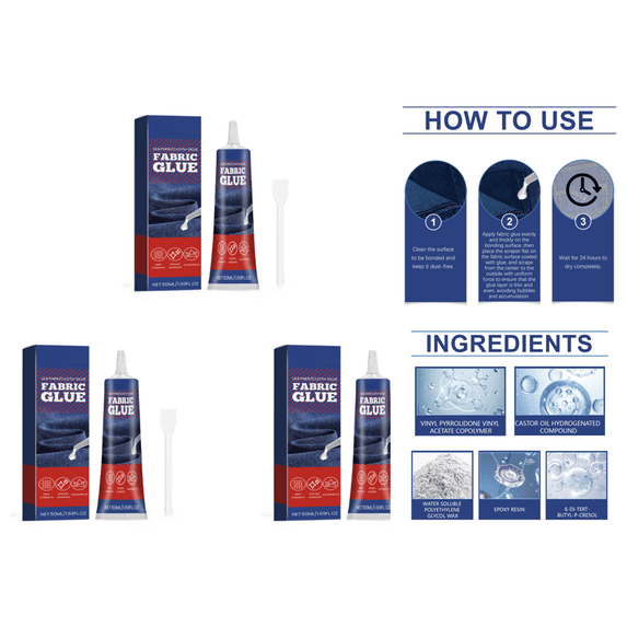 3Pcs Fabric Glue Permanent, 1.69 oz Professional Fabric Repair Glue ...