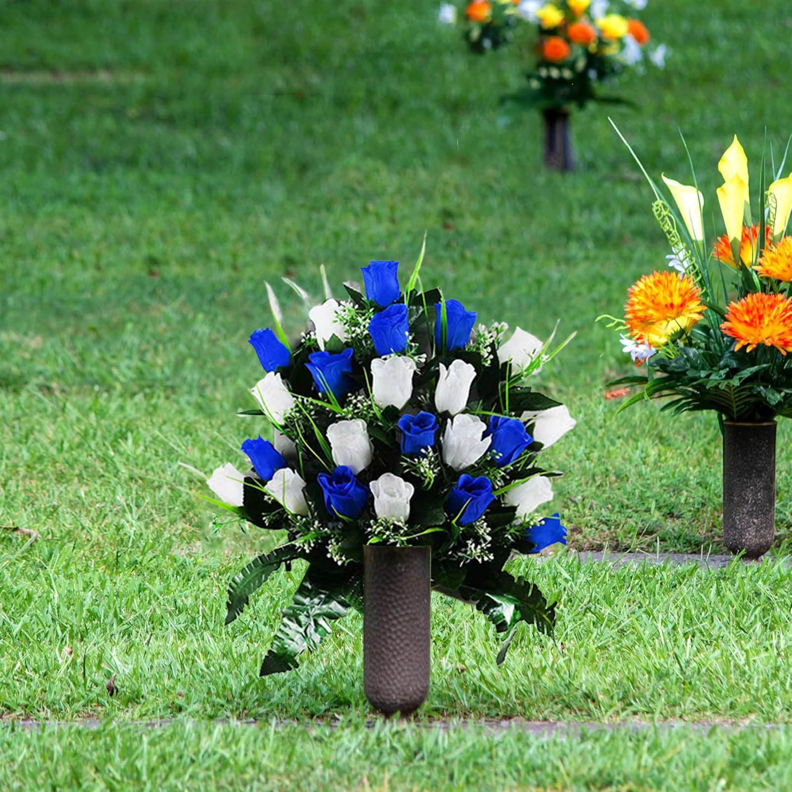 3Pcs Fake Cemetery Flowers Blue & White Roses With White Daisies ...