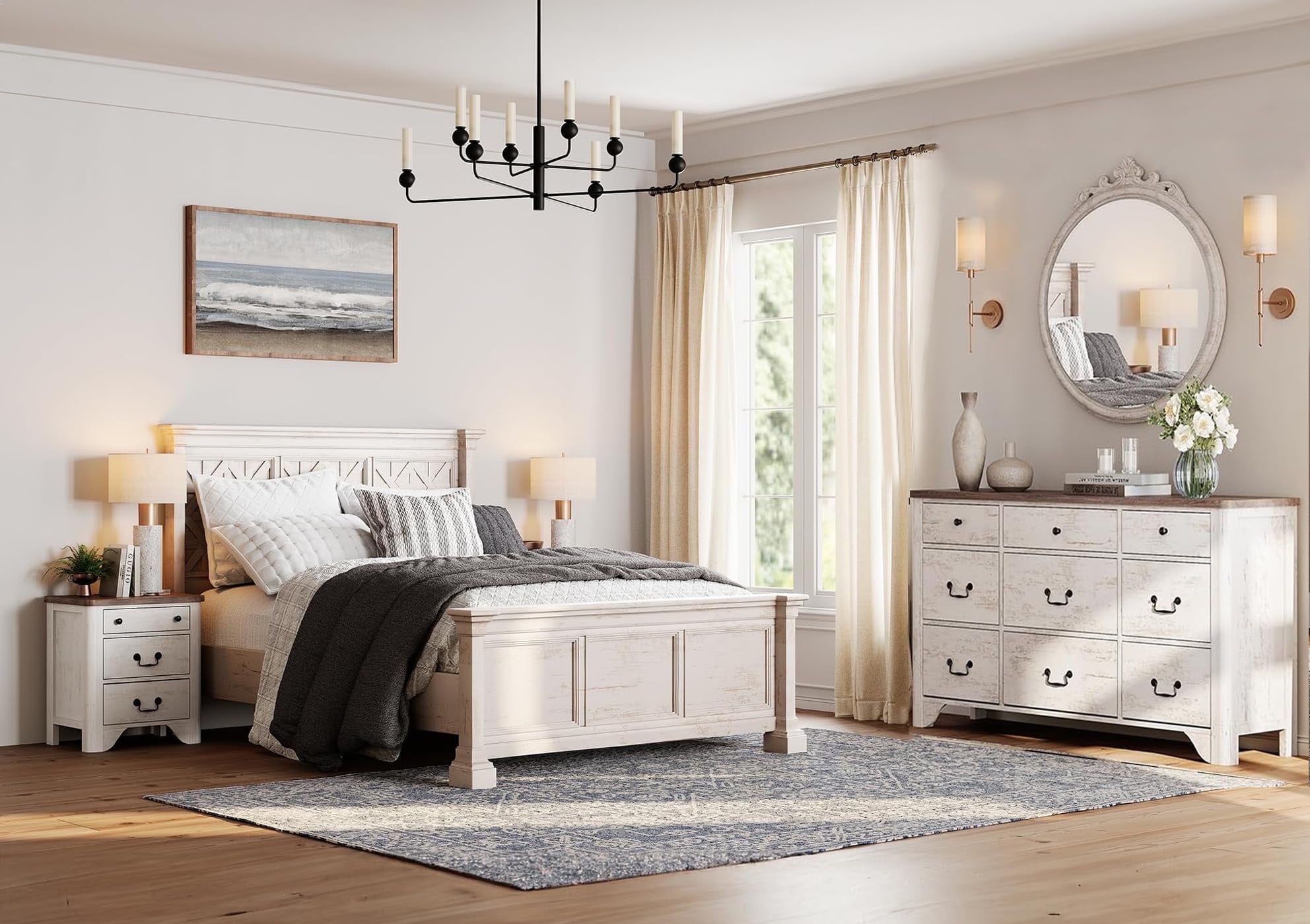 3Pcs Farmhouse Bedroom Set,White Wood Nightstand Set Of 2 With Charging ...