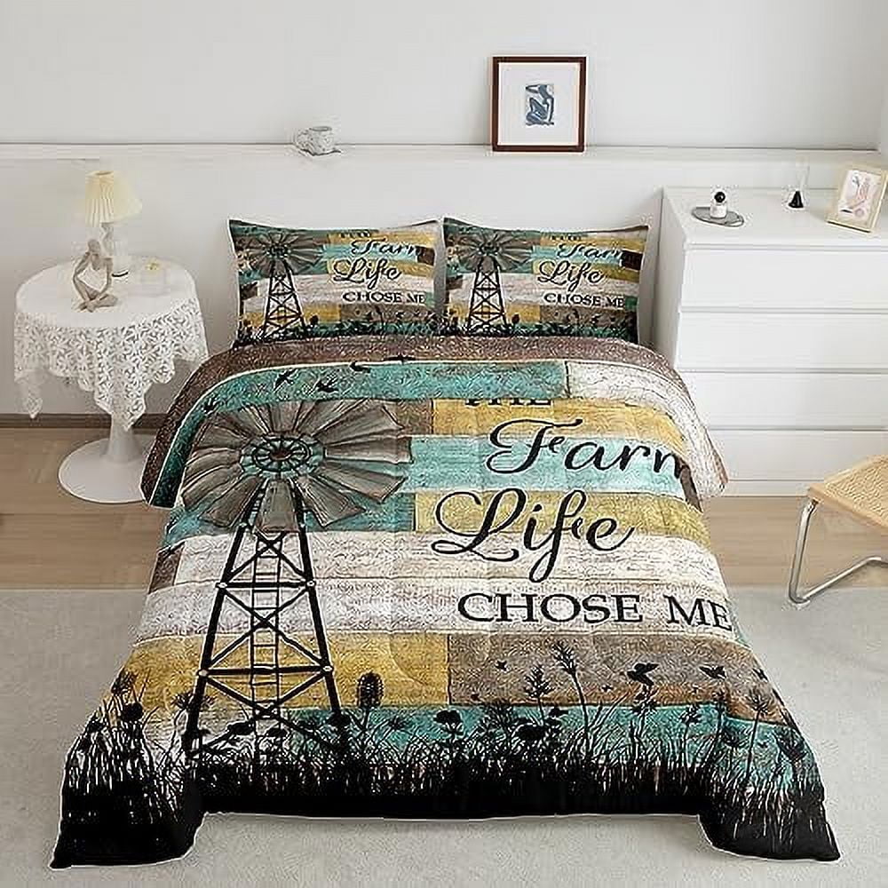 3Pcs Farmhouse Windmill Comforter Set Cabin Decor Cow Cattle Farm ...