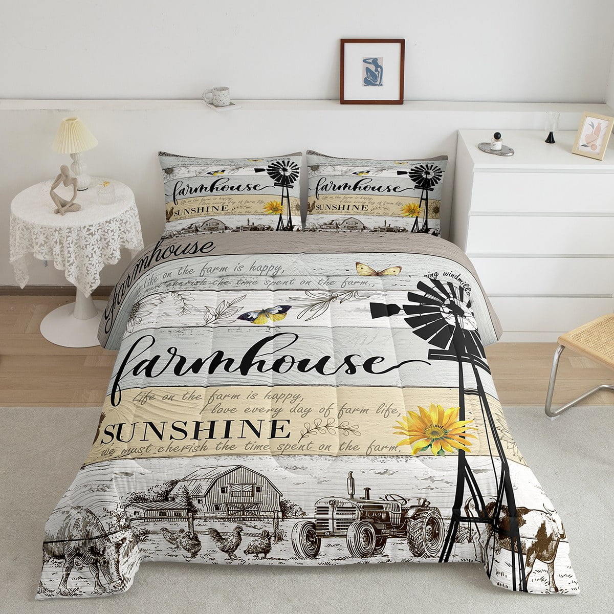 3Pcs Farmhouse Windmill Comforter Set Cabin Decor, Cow Cattle Farm ...