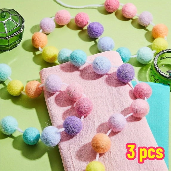 3Pcs Felt Ball Garland - Rainbow Pom Pom Garland with Pastel Ornaments ...