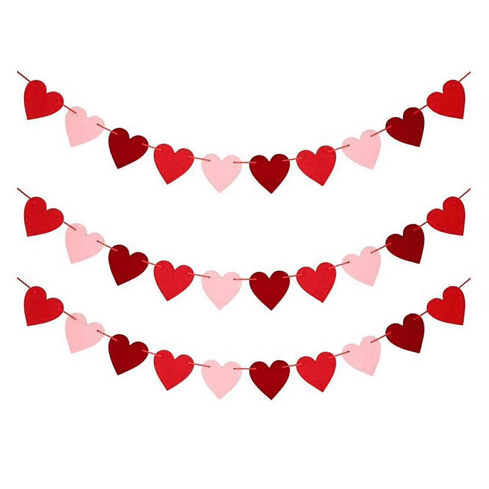 3Pcs Felt Heart Garland Banners Pink Red Pre-Strung Heart Valentines ...