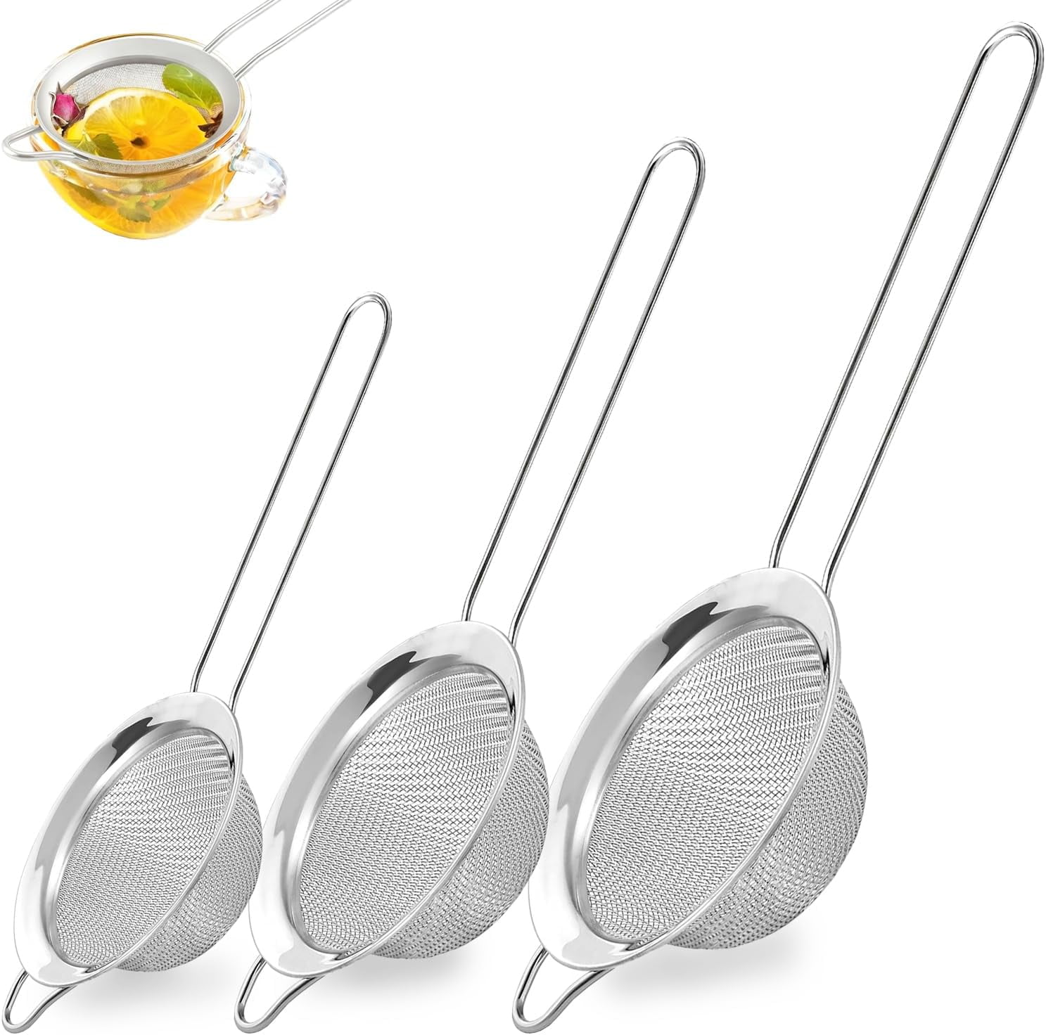 3Pcs Fine Mesh Strainer with Handle, Small Medium Large Size Sieve ...