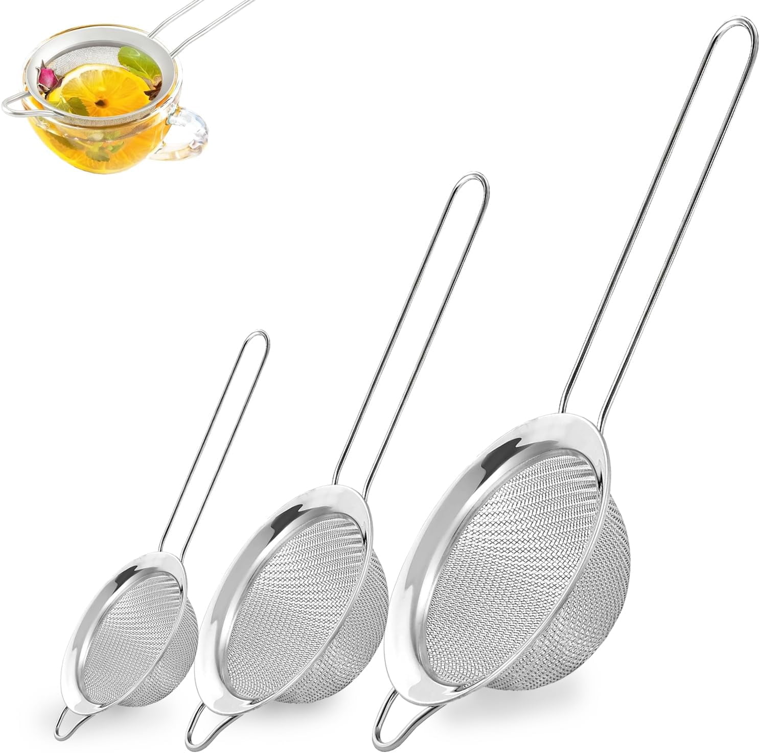 3Pcs Fine Mesh Strainer with Handle, Small Medium Large Size Sieve ...