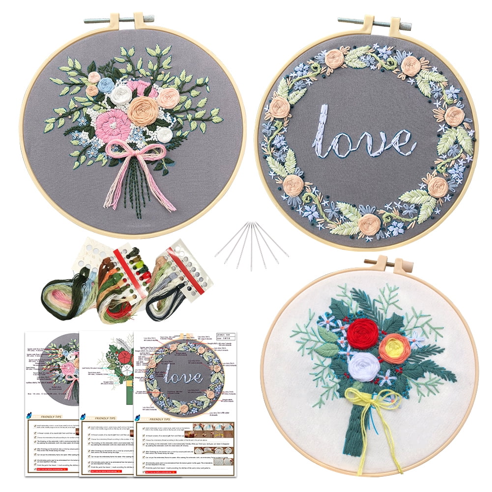3Pcs Flowers Plant Embroidery Starter Kit for Beginners,Stamped Cross ...