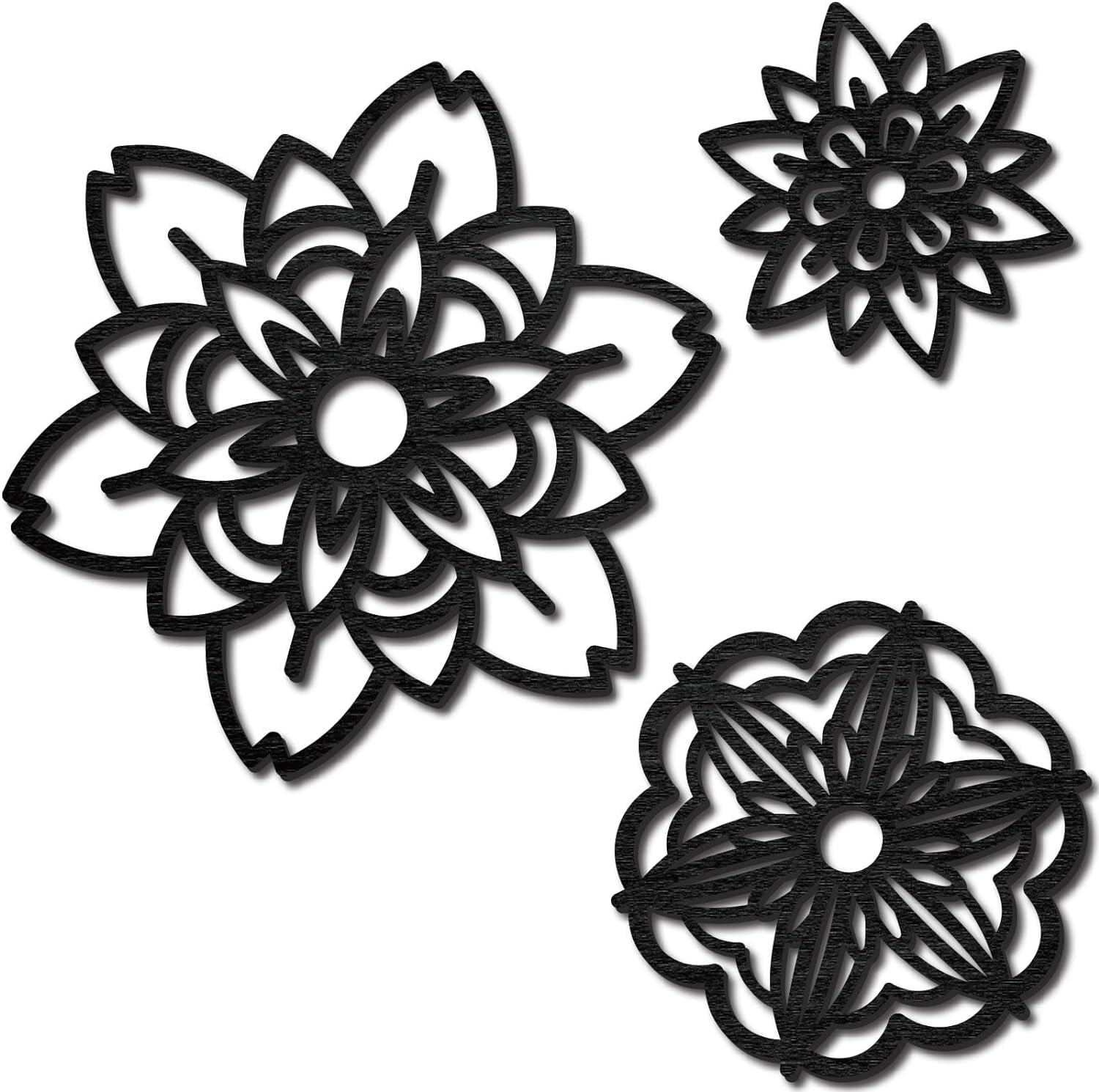 3Pcs Flowers Wood Wall Decoration Wooden Black Wall Art Decoration ...