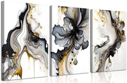 3Pcs Framed Black and Gold Abstract Wall Art, Modern Grey and Gold ...