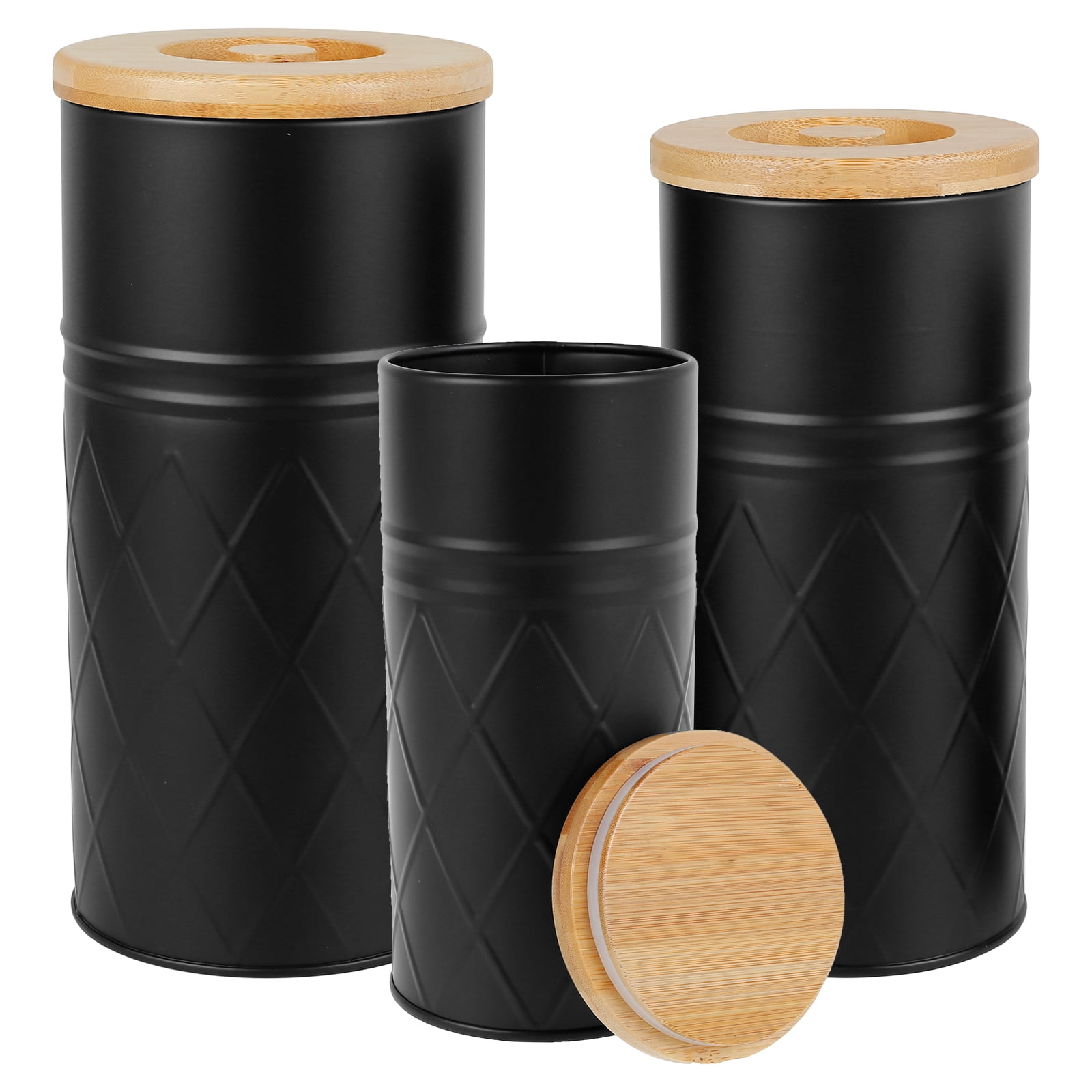 3Pcs Galvanized Iron Kitchen Canister With Wood Lid Grid Textured ...