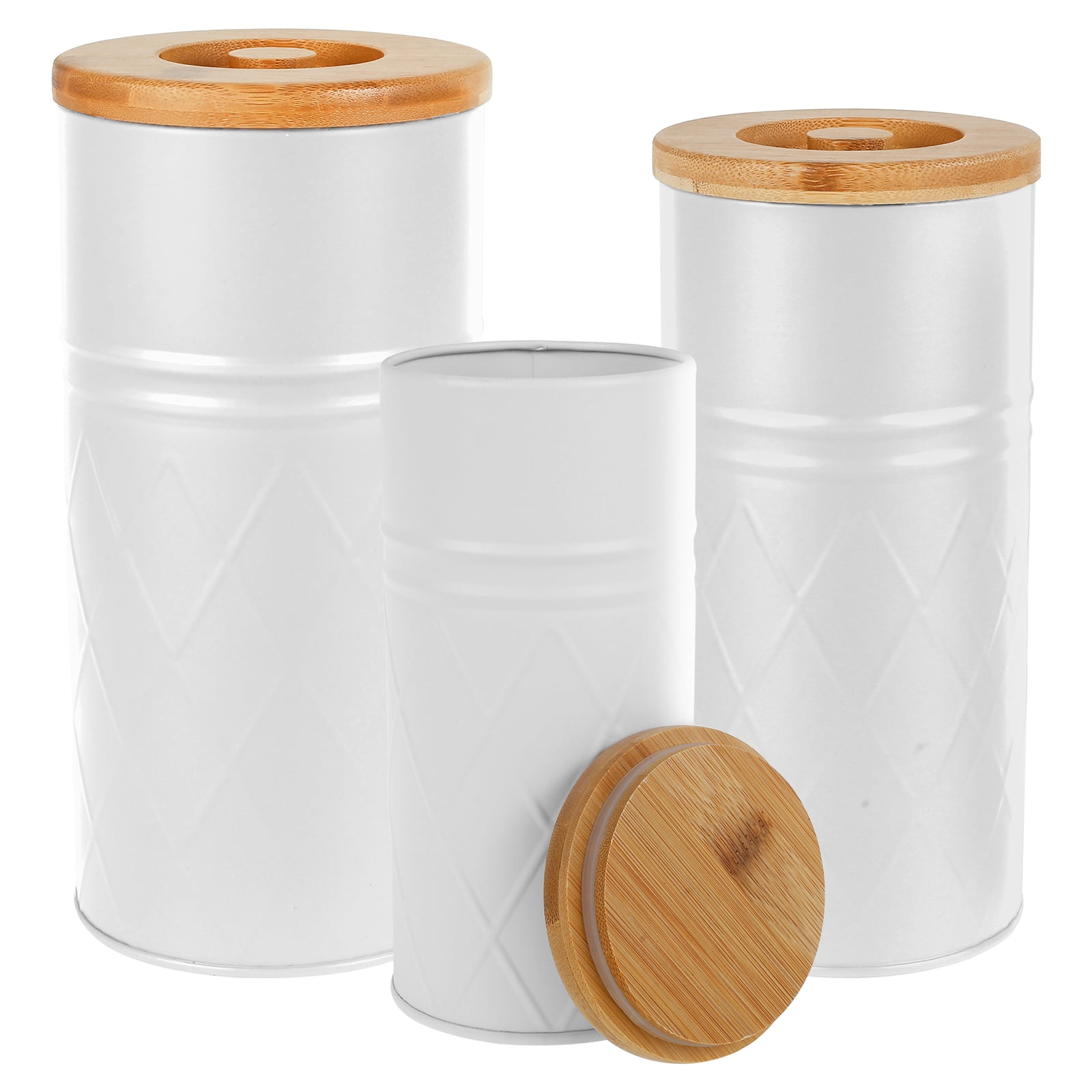 3Pcs Galvanized Iron Kitchen Canister With Wood Lid Grid Textured ...